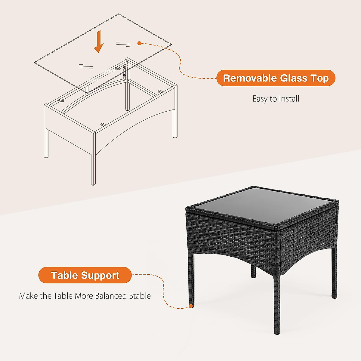 Sweetcripy Patio Furniture Set 3 Pieces, Outdoor Furniture with Soft Cushion and Glass Table, All Weather Manual Weaving Wicker Rattan Patio Chairs for Garden, Terrace, Porch(Black and Beige)