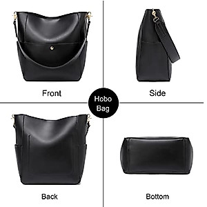 Women Handbag Designer Vegan Leather Hobo Handbags Shoulder Bucket Cross-body Purse (Black)