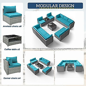 EAGLE PEAK 12 Piece Outdoor Wicker Patio Furniture Set with 2 Coffee Tables, PE Rattan Sectional Conversation Sofa Set with Seating for 10 People, Light Blue