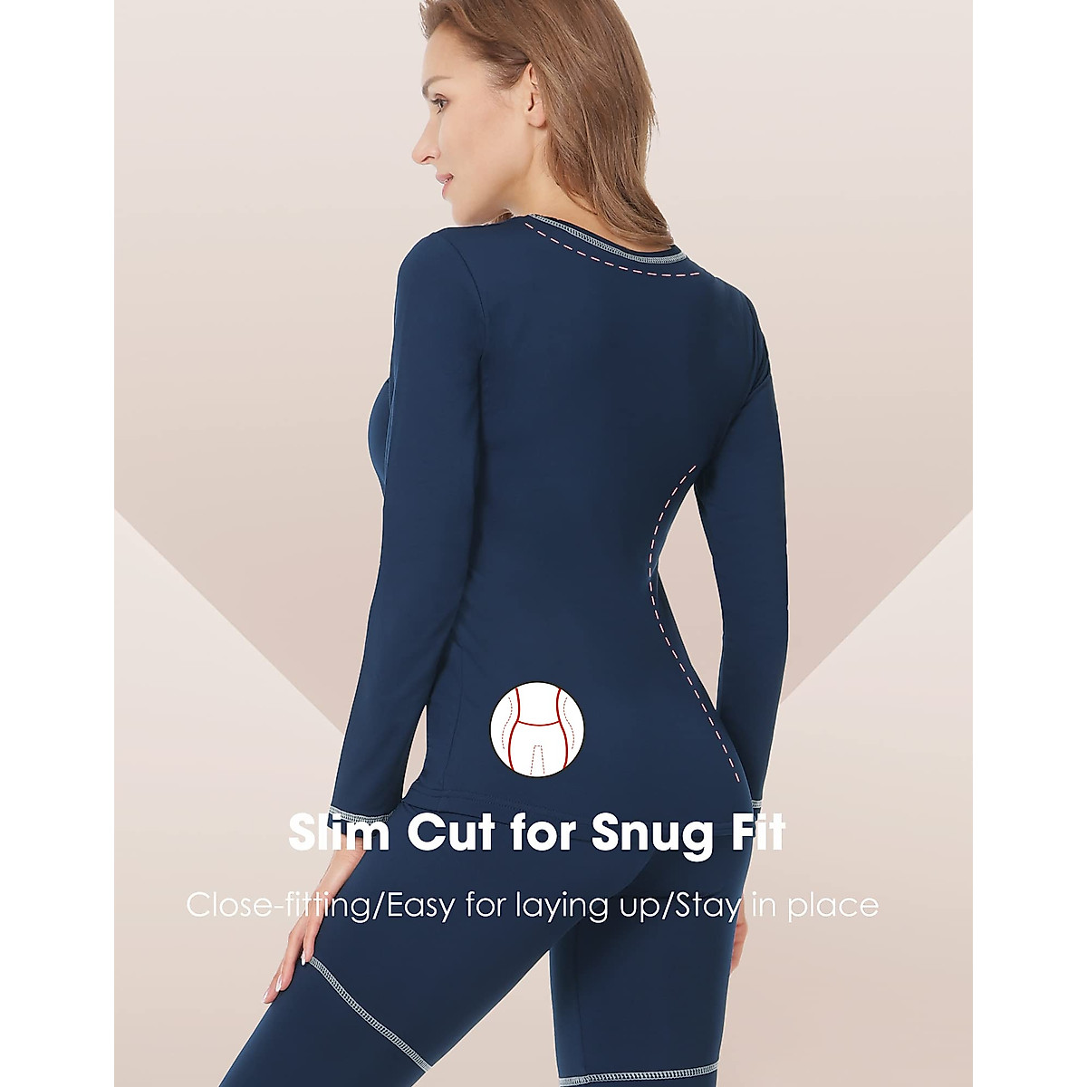 MANCYFIT Thermal Underwear for Women Fleece Lined Tops and Bottoms Base Layer for Cold Weather, Long Johns Sets Navy and White Lines X-Large