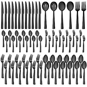 Homikit 66-Piece Shiny Black Silverware Set with Serving Utensils, Stainless Steel Square Flatware Cutlery for 12, Home Restaurant Eating Utensils with Fork Spoon Knife, Mirror Polish, Dishwasher Safe