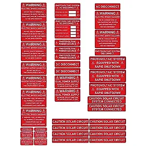 PV Solar System Install Label Kit | 40 Pack | 2020 | 2017 Photovoltaic Safety Labels | Electrical Panel Labels |Photovoltaic System Labels | Solar PV Safety Warning Pack