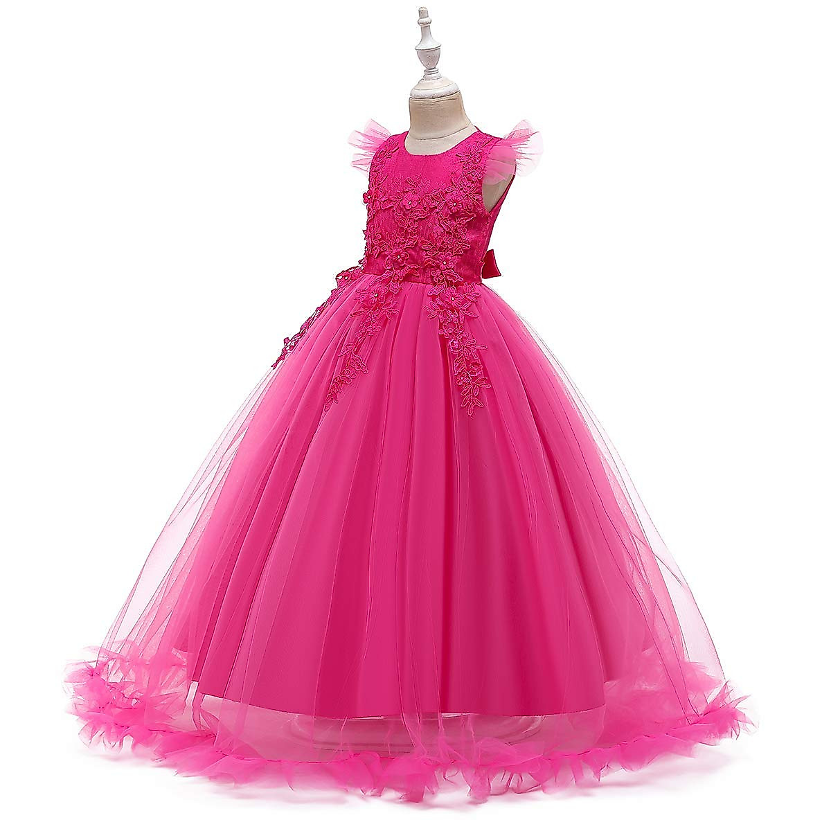 Girls Lace Pageant Party Dress Wedding Flower Girl Maxi Gowns Flower A Line Birthday Dance Evening Tulle Floor Length Skirt Hot Pink 6-7 Years