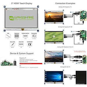 waveshare 5inch Resistive Touch Screen LCD Compatible with Raspberry Pi 5/4B/3B+/3A+/2B/B+/A+/Zero/Zero W/WH/Zero 2W CM3+/4 800×480 Resolution HDMI Low Power Consumption Supports Windows