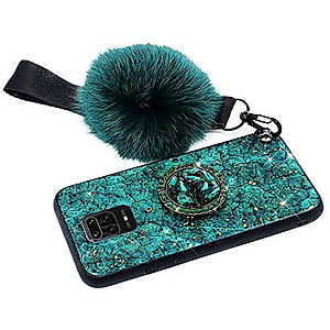 Case for Xiaomi Redmi Note 9 Pro Case Marble,Girls Women Glitter Rhinestone Diamond Bling Hybrid Hard PC Soft Rubber Silicone Cover Bumper Shockproof Protective Case & Furry Ball Ring Kickstand,Green