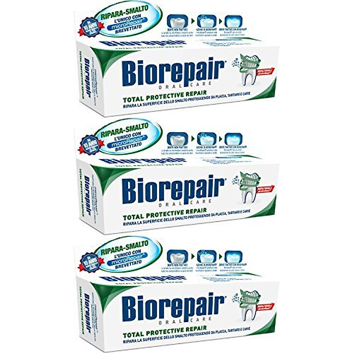 Biorepair: "Total Protective Repair" Toothpaste with microRepair, New Formula - 2.5 Fluid Ounce (75ml) Tubes (Pack of 3) [ Italian Import ]