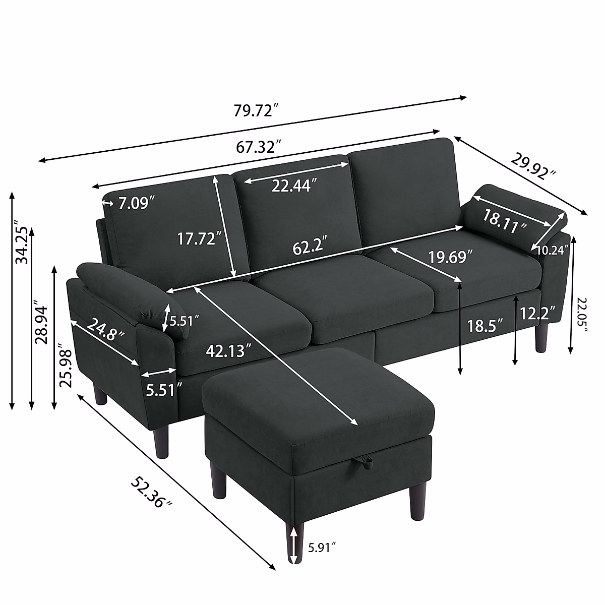 Pingliang Home 79" Convertible Sectional Sofa, Small L Shaped 3-Seat Couch with Reversible Chaise, Modern Linen Sofas Couches for Living Room, Apartment and Small Space, Black