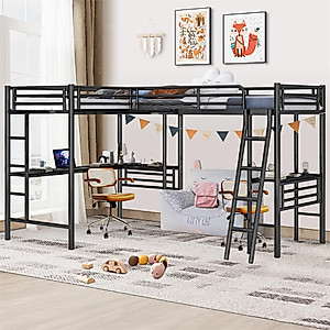INCLAKE L Shaped Metal Loft Bed with 2 Desk, Twin Size Loft Bed with Safety Guardrail and 2 Ladder, Heavy-Duty Steel Frame Corner Twin Bed for Girls Boys Teens, Black
