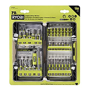 Ryobi Cordless 1/2 inch Drill Driver with 70 Piece Drill Bit Set, 18-Volt Lithium-ion Battery, Charger and Buho Tool Bag
