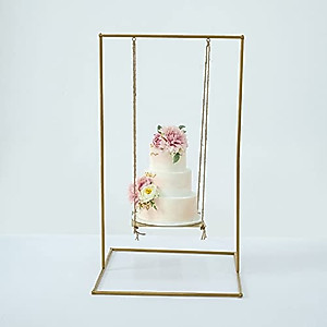 TABLECLOTHSFACTORY 3ft Tall Gold Metal Hanging Dessert Display Centerpiece with Jute Rope, Cake Stand Swing