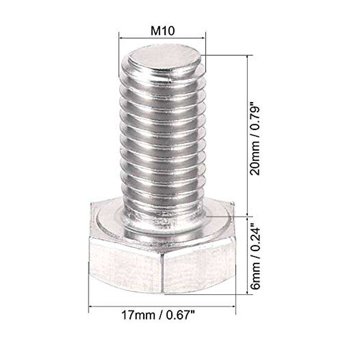 L-A M10 Hex Bolt M10-1.5 x 20mm UNC Hex Head Screw Bolts A2-70(304) Stainless Steel Fully Threaded Hex Tap Bolts (5 Pcs)