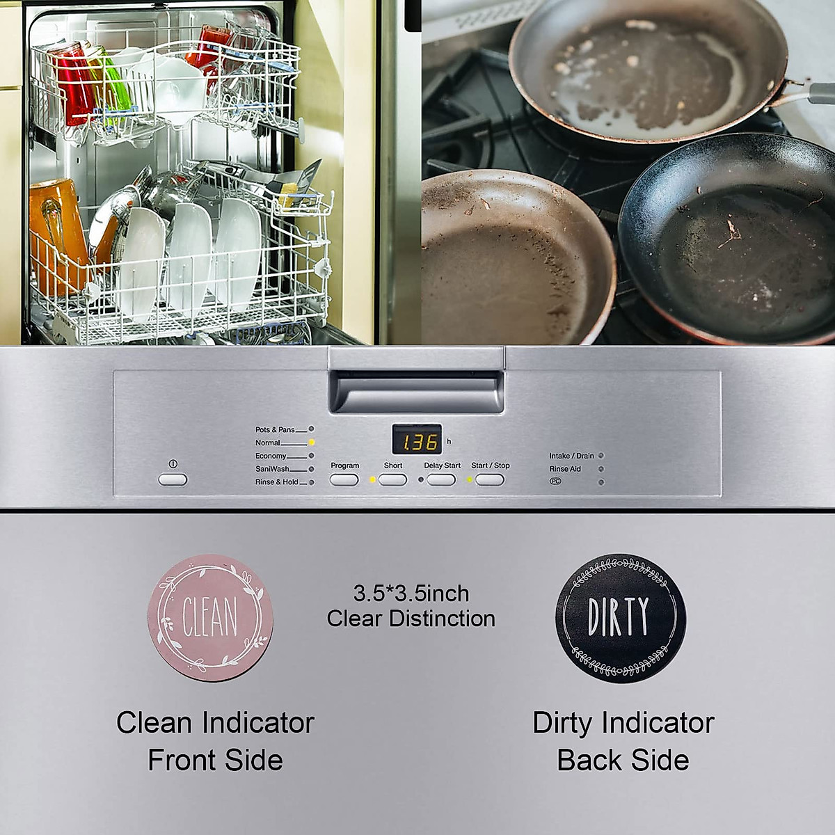 InfantLY Bright Dishwasher Dirty/Clean Magnet Sign Indicator Stickers, 3.5inch Round Universal Double Sided Flip Dish Washer Refrigerator Reversib k006 k006