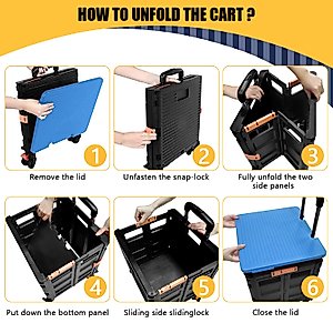 SELORSS Foldable Utility Cart Rolling Crate Handcart 110lbs Large Capacity Shopping Cart with 360°Rotate Noiseless Wheels & Telescoping Handle for Transports Groceries Office School Use(Blue)