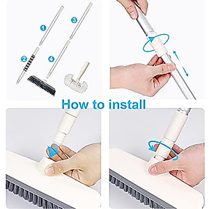 Abealv Floor Scrub Brush with 55 inches Metal Adjustable Long Handle Stiff Brush 2 in 1 Scrape and Brush Window Squeegee Cleaning Brush Scrubber for Bathroom Tub and Tile, Patio, Kitchen, Wall