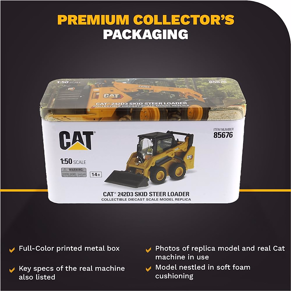Diecast Masters 1:50 Caterpillar 242D3 Skid Steer Loader with Attachment Accessories | High Line Series Cat Trucks & Construction Equipment | 1:50 Scale Model Diecast Collectible | DM Model 85676