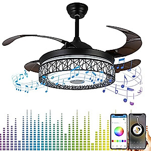 MoreChange 42” Retractable Ceiling Fans with Lights and Remote Control, Invisible Modern Chandelier Fan Lighting with Bluetooth Speaker Play Music 7 Colorful Dimmable Fixture for Bedroom/Living Room