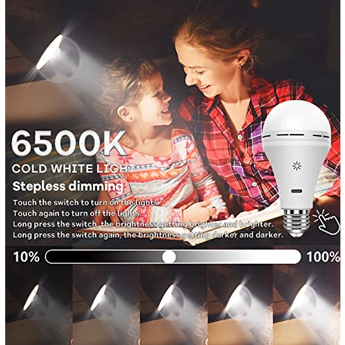 USB C Rechargeable Light Bulb with Remote Control, 7W Battery Powered Light Bulbs E26 Touch Control Dimmable LED Bulb with Timing Function, Outdoor Camping Emergency Light Bulb with Hook,6500K/1 Pack