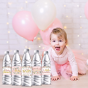 Colarr 72 Pcs Pink Baby Shower Water Bottle Labels Baby Shower Water Bottle Wrappers for Girls Water Bottle Labels Pink Gold Flower Baby Shower Party Decoration Floral Baby Shower Party Supplies