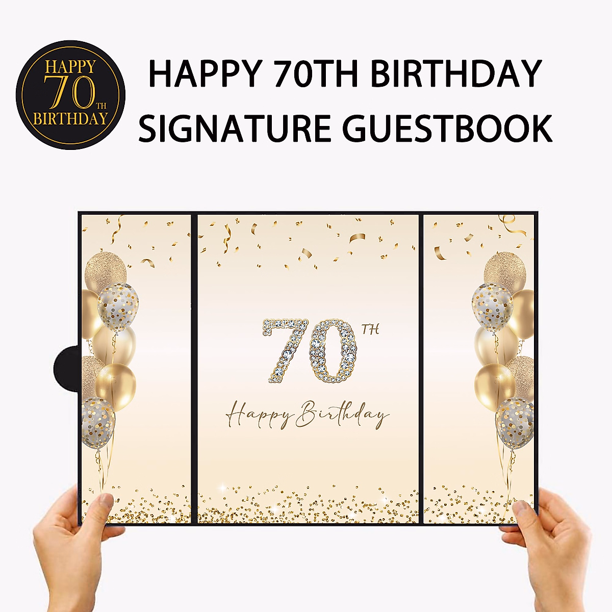 DARUNAXY Black Gold 70th Birthday Party Decorations, Happy 70th Birthday Alternative Signature Guest Book for Men Women Cheers to 70 Years Old Gifts 70 Birthday Signing Card Board Party Supplies