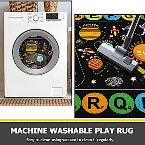 Capslpad Black Outer Space Kids Play Rug ABC Alphabet Kids Play Mat for Toddlers Non Slip Solar System Star Planets Nursery Rug for Baby Girl Boy Kids Carpet for Bedroom Playroom Nursery Decor,5'x6.6'