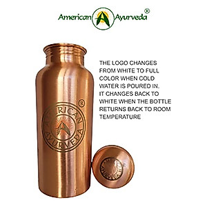 A American Ayurveda 100% Pure Copper Water Bottles Joint Free, Leak Proof, Tumbler, Flask, Yoga, Health Benefits, Natural Ayurvedic Alkaline Water with Water Temperature Indicator (600ml (20Oz))