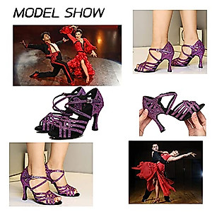 VCIXXVCE Women Professional Latin Rhinestone Dance Shoes Open Toe Salsa Chacha Ballroom Dance Heels Cross Strap Purple,8 US