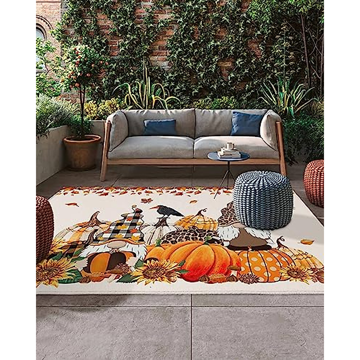 Outdoor Patio Rugs Fall Maple Leaves Gnome Outdoor Area Rug Harvest Pumpkin Sunflower Non-Slip Backyard/Camping RV Rug/Deck/Porch Rug Front Door Floor Mat Carpet,4x6ft,