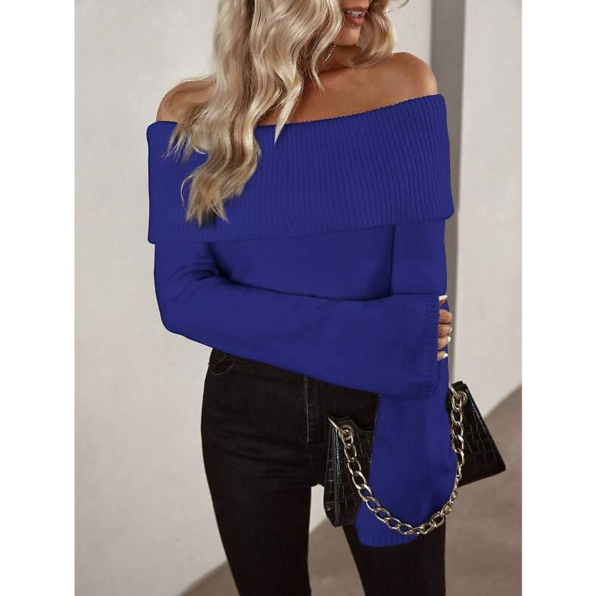 Labolliy Women Off Shoulder Fold Over Long Sleeve Sweaters Casual Solid Ribbed Knit 2023 Fall Pullover Jumper Tops Royal Blue