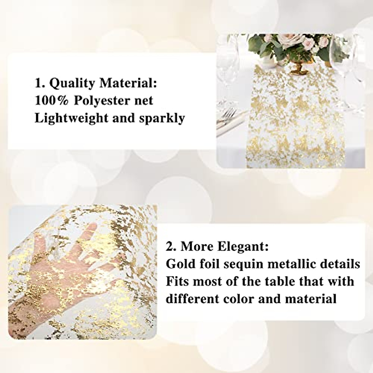 Ohanniewa Gold Table Runner 11 inch x 32 Feet Glitter Metallic Gold Foil Mesh Table Runner Roll Table Decorations for Wedding, Birthday, Banquet, Christmas