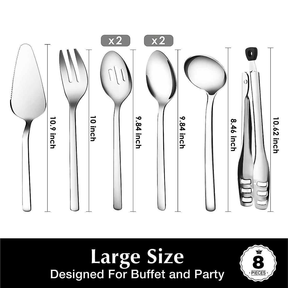 KINGSTONE Large Hostess Serving Utensils Sets,18/10 Stainless Steel Heavy Duty 10inch Serving Spoons,Slotted Spoons,Serving Fork,Serving Tongs, Cake Pie Server For Buffet, Wedding, Party