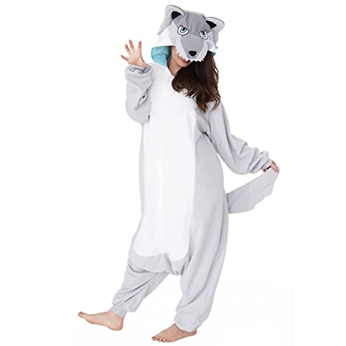 SAZAC Silver Wolf Kigurumi - Onesie Jumpsuit Halloween Costume (One Size)