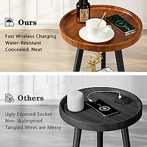 Hadulcet Small End Table with Charging Station, Small Side Table for Small Spaces, Small Nightstand Bedside Table, Small Round Side Tables Bedroom, Small Round End Tables Living Room, Small Table