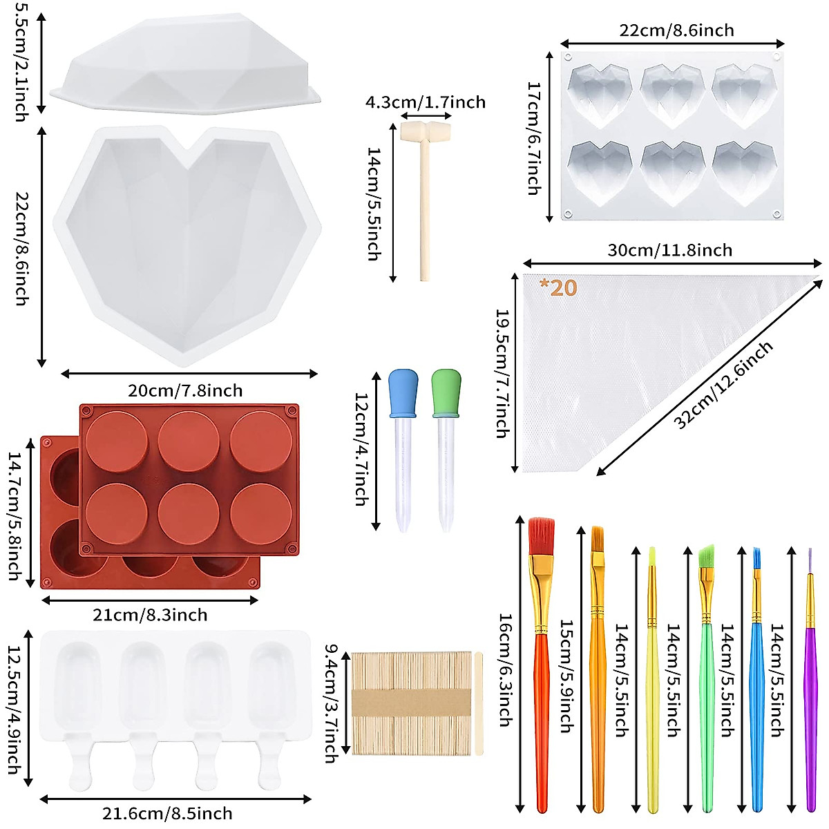Qefuna Heart Shaped Chocolate Mold Set Includes Round Cylinder Candy Mold,Cavities Heart Mold,Piping bag,Wood Hammer,Chocolate Bomb Mold,Diamond Heart Mousse Cake Mold Tray