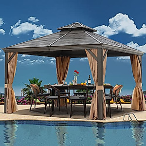 NOBLEMOOD 12' x 12' Outdoor Aluminum Hardtop Gazebo - Patio Double Roof Galvanized Permanent Metal Gazebos with Curtain and Netting for Backyard Deck Garden(Brown)