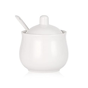 CHILDIKE Ceramic Sugar Bowl with Lid and Spoon, White Porcelain Sugar Salt Pepper Storage Jar, 8 Ounces