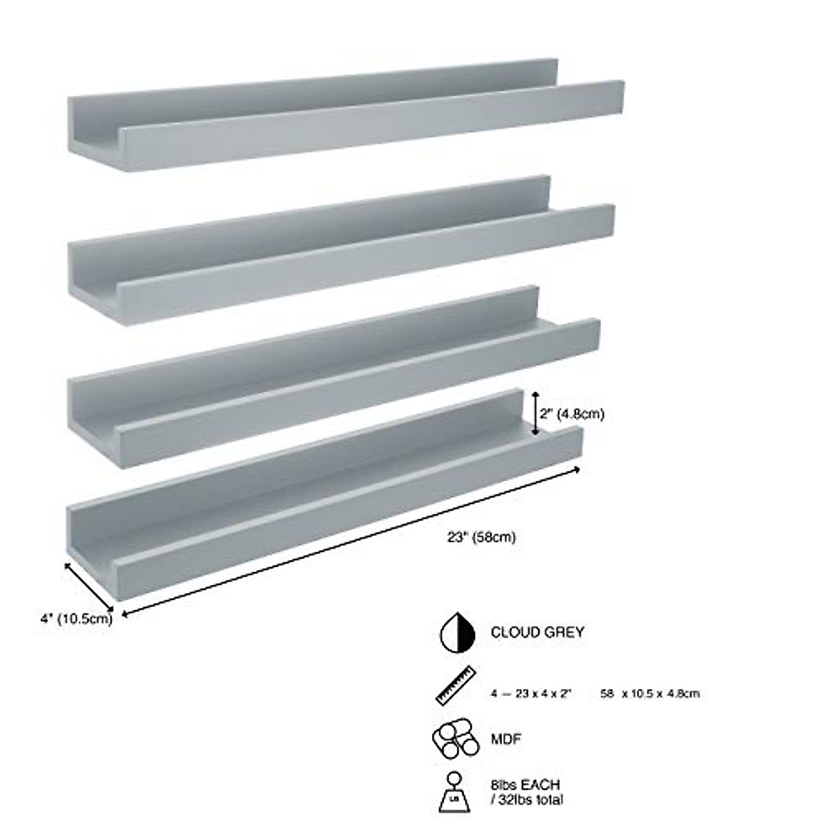 Kiera Grace Edge Floating Photo Frame Shelf-Cloud, 23" x 4", Set of 4 Wall Organization, Light Grey