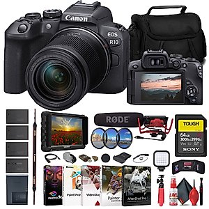 Canon EOS R10 Mirrorless Camera with 18-150mm Lens (5331C016) + 4K Monitor + Rode VideoMic + Sony 64GB TOUGH SD Card + Filter Kit + Wide Angle Lens + Telephoto Lens + Color Filter Kit + More (Renewed)