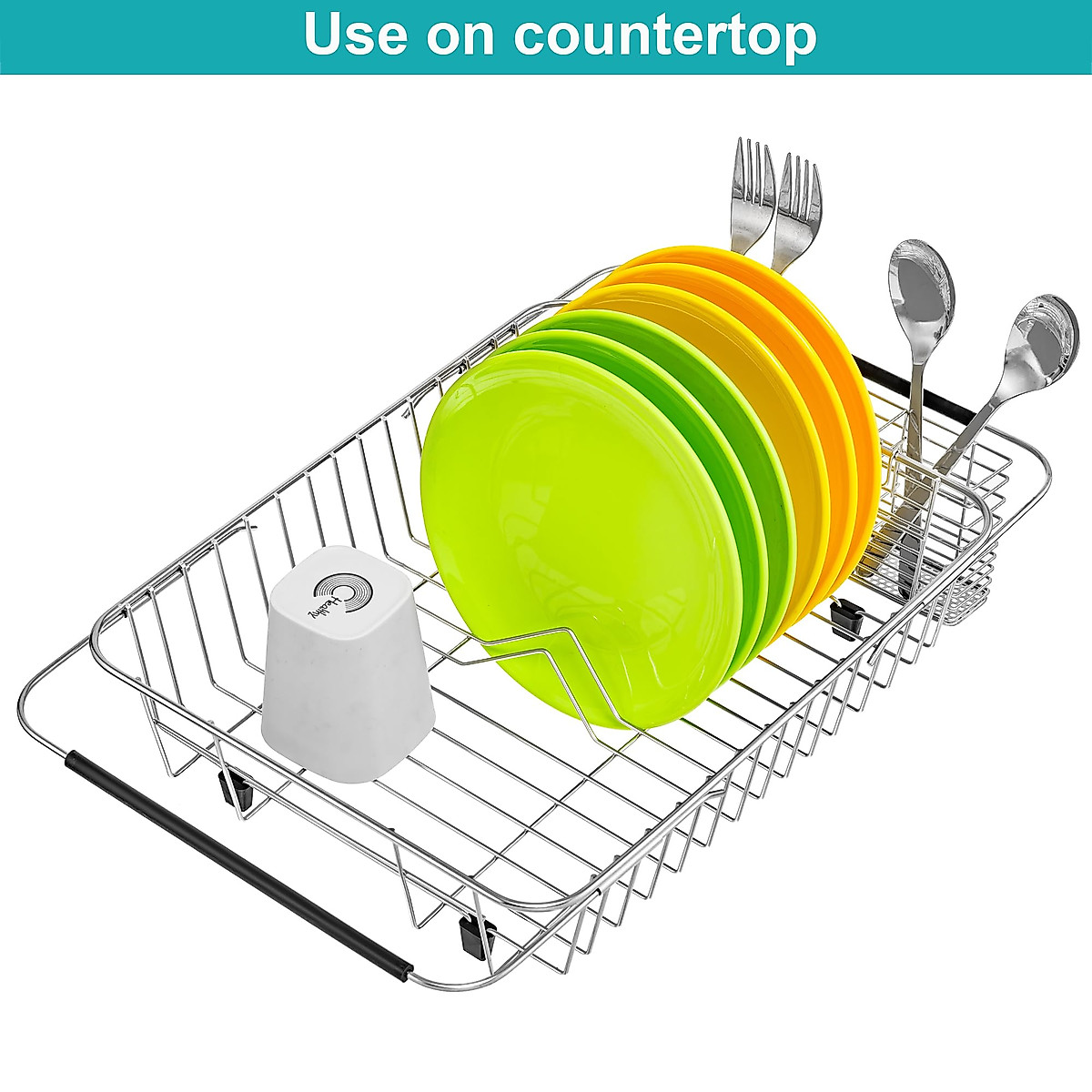 iPEGTOP Expandable Dish Drying Rack with Rustproof Stainless Steel Utensil Cutlery Holder, Over Sink Dish Rack Basket Shelf, Dish Drainer in Sink or On Counter