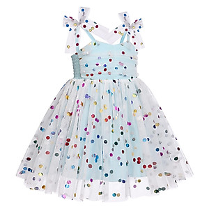 1st Birthday Dress for Baby Girl Toddler Kids First One Year Old Party Princess Dress 2nd 3rd Smash Cake Photo Shooting Spaghetti Straps Bowknot Polka Dots Layered Tulle Tutu Dress Light Blue 12-18M