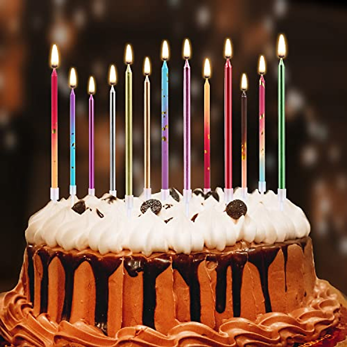 SHARESYNC Gradient Colorful Birthday Cake Candles with Gold Glitter Power Long Thin Cupcake Happy Birthday Candles Topper for Wedding Celebration Party 24pcs (Cyan+Purple-1)