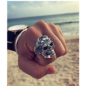 Ring Men's Ring Skull Ring Gothic Stainless Steel Silver Plated Handmade Personality Demon Ring Engraved 3D Pattern Opening (Skull)