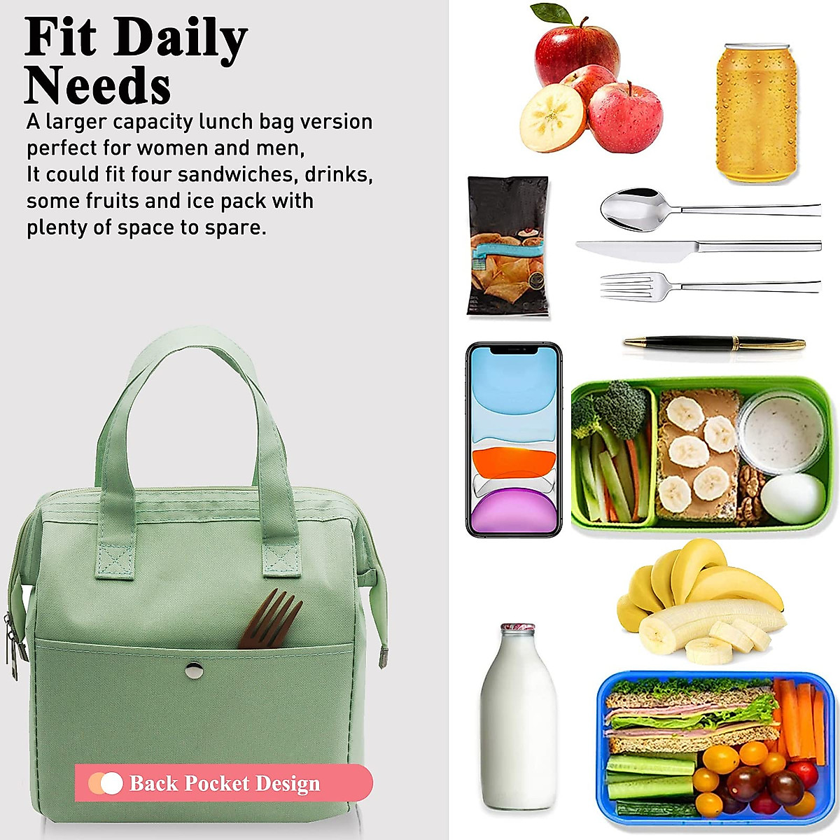 Mziart Insulated Lunch Bag Simple Bento Cooler Bag Lunch Tote Bag for Lunch Box for Women Men Adult Picnic Working Hiking Beach (Light Green)