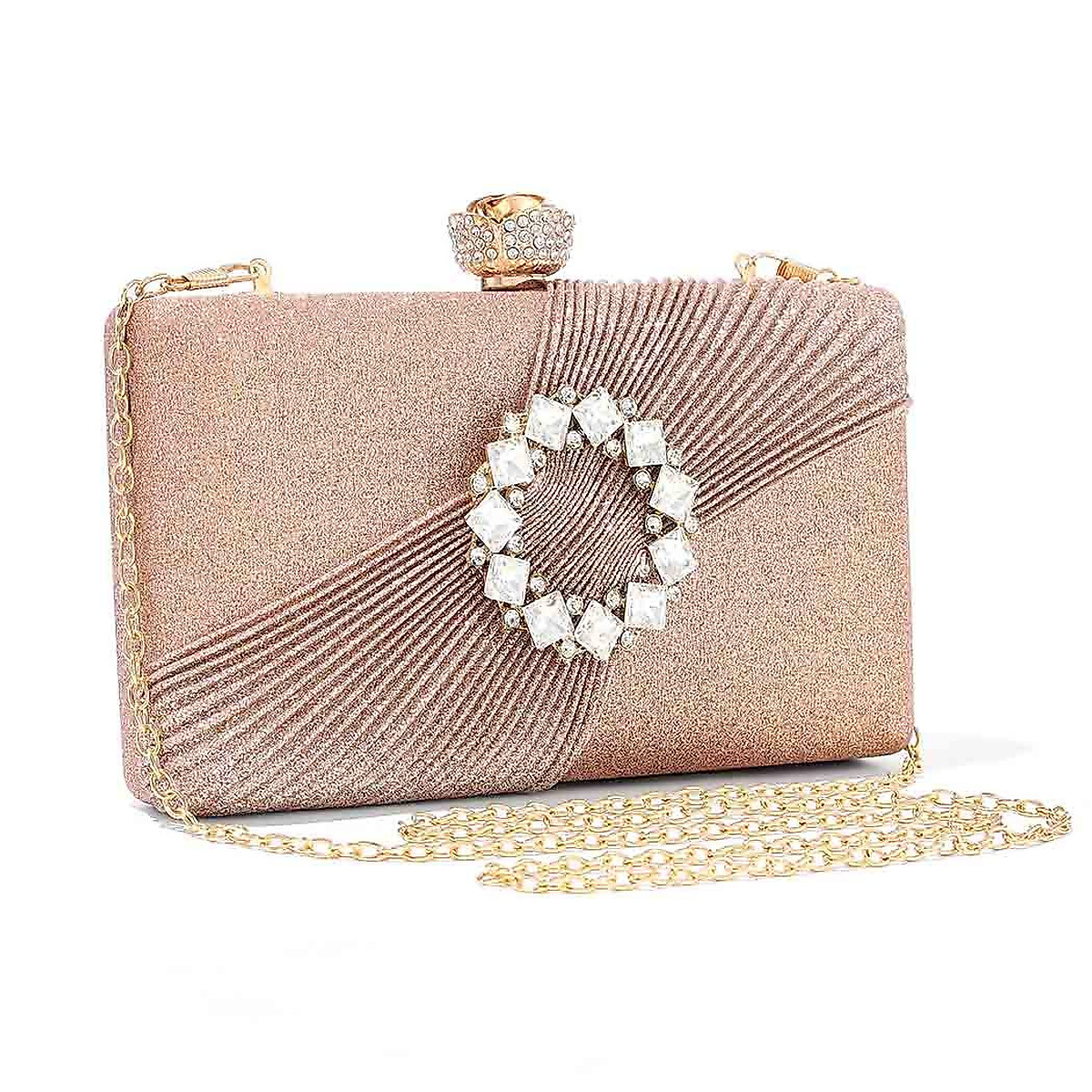 Yokawe Women Evening Bag Glitter Pleated Clutch Purse Rhinestone Handbags for Bridal Wedding Prom Party (Champagne)