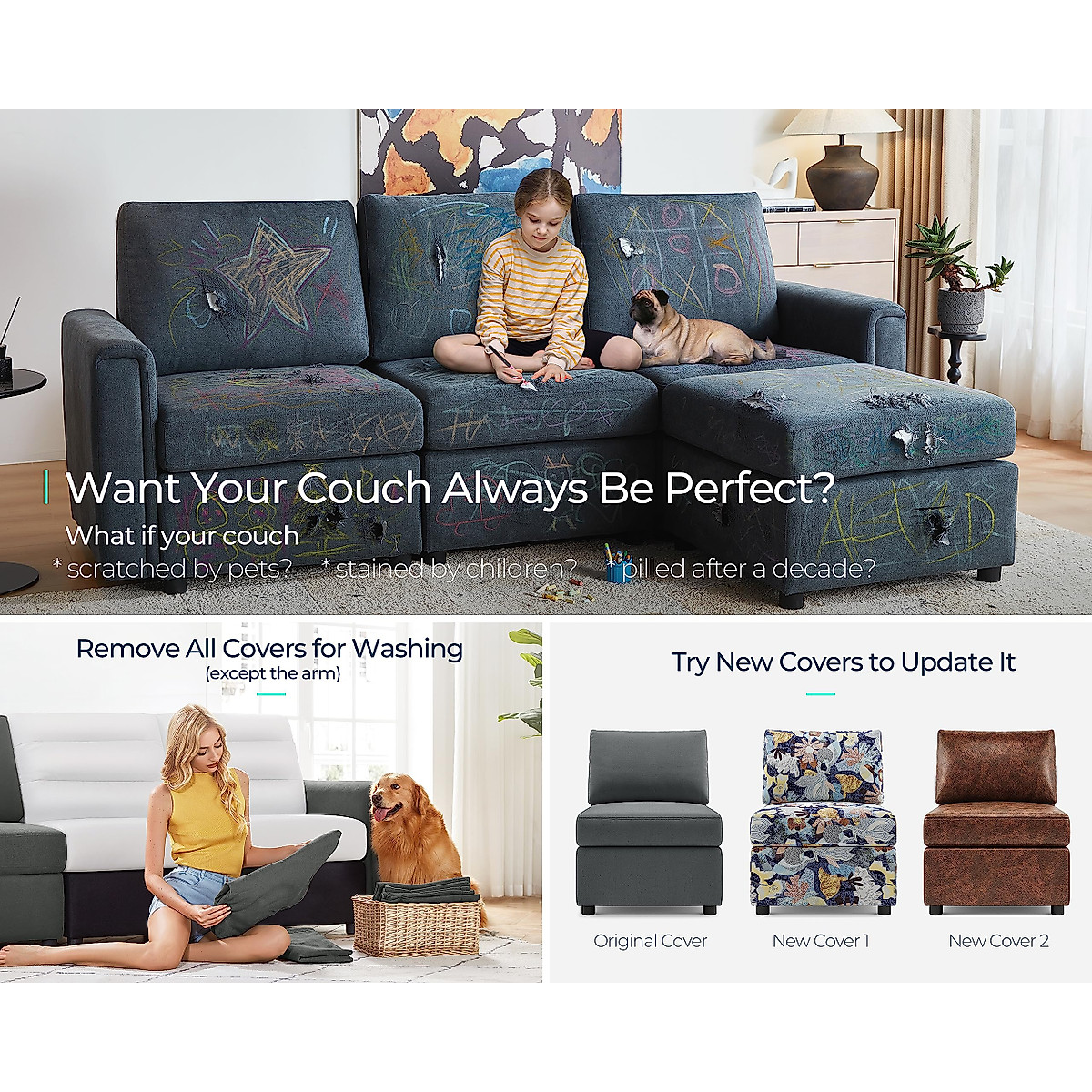 LINSY HOME Modular Sectional Sofa, Convertible U Shaped Sofa Couch with Storage, Memory Foam, Modular Sectionals with Ottomans, 6 Seat Sofa Couch with Chaise for Living Room, Dark Grey