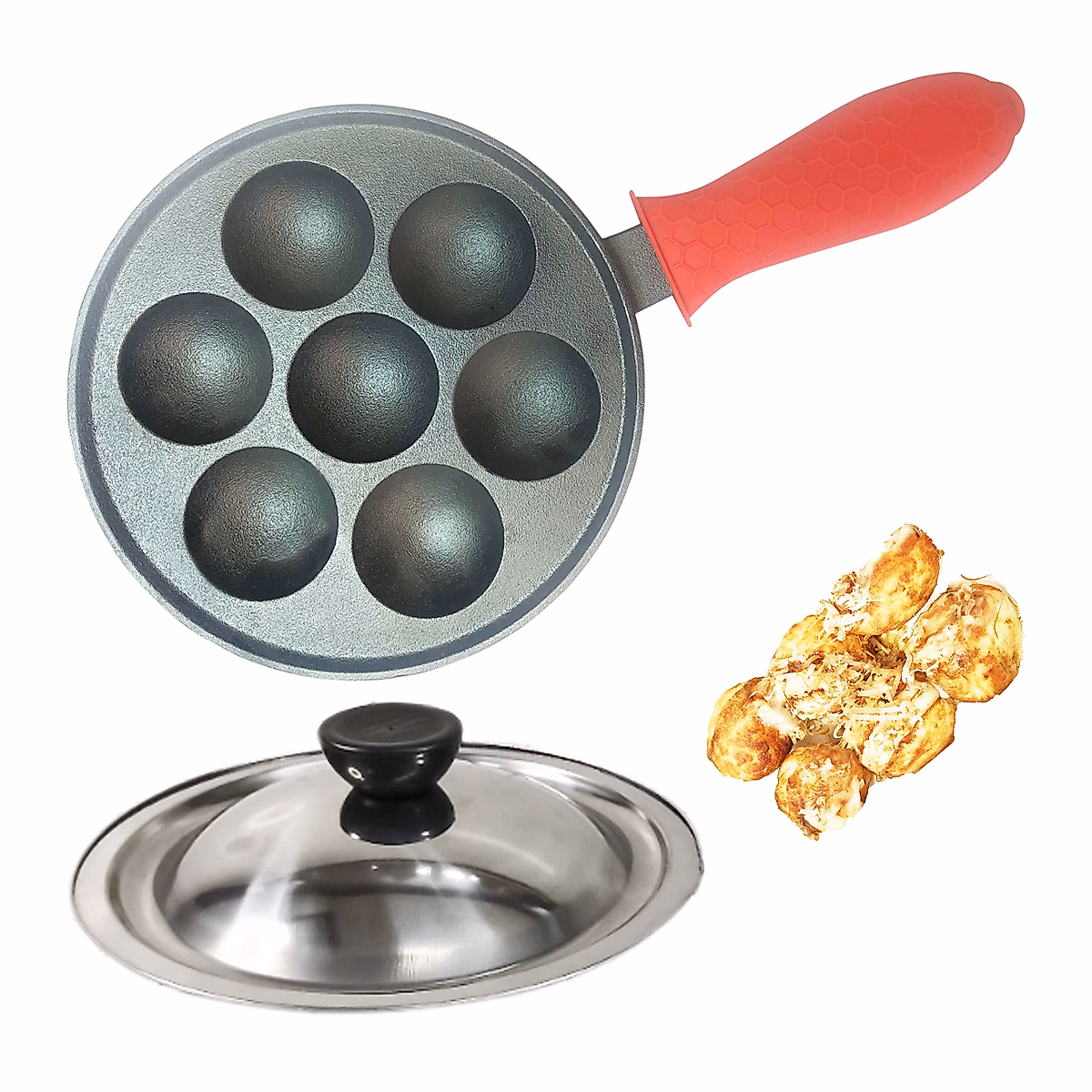 Heaunzy Japan large aperture takoyaki pan cast iron with silicone cover and stainless steel cover,Poffertjes pan,Appam pan,Masa,Banh khot pan,durable non stick,heavy cast iron uncoated 1.7kg(7 Hole)