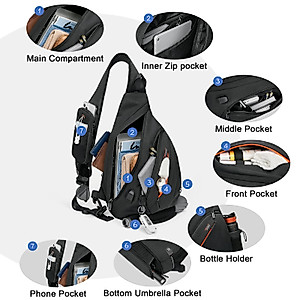 TUDEQU Sling Bag Crossbody Sling Backpack with USB Charging Port, Water Resistant Shoulder Bag Outdoor Travel Hiking Daypack with Wet Pocket Men Women