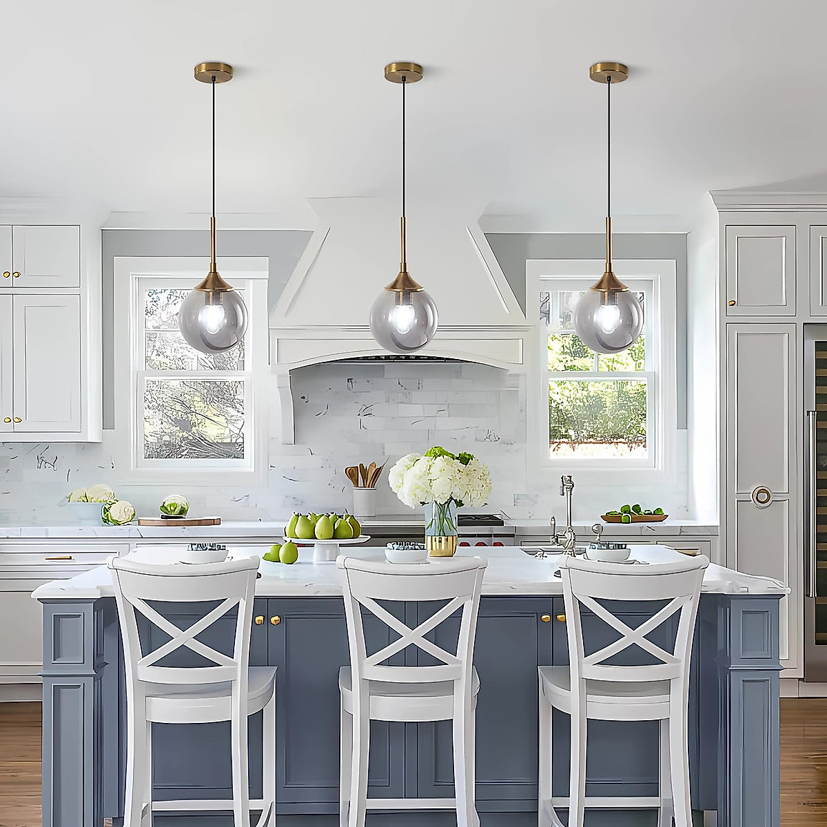 KCO Lighting Modern 1-Light Globe Pendant Light Mid Century Large Single Smoke Glass Hanging Light Brushed Brass Adjustable Pendant Light Fixture for Living Room Kitchen Island (Smoke Gray)