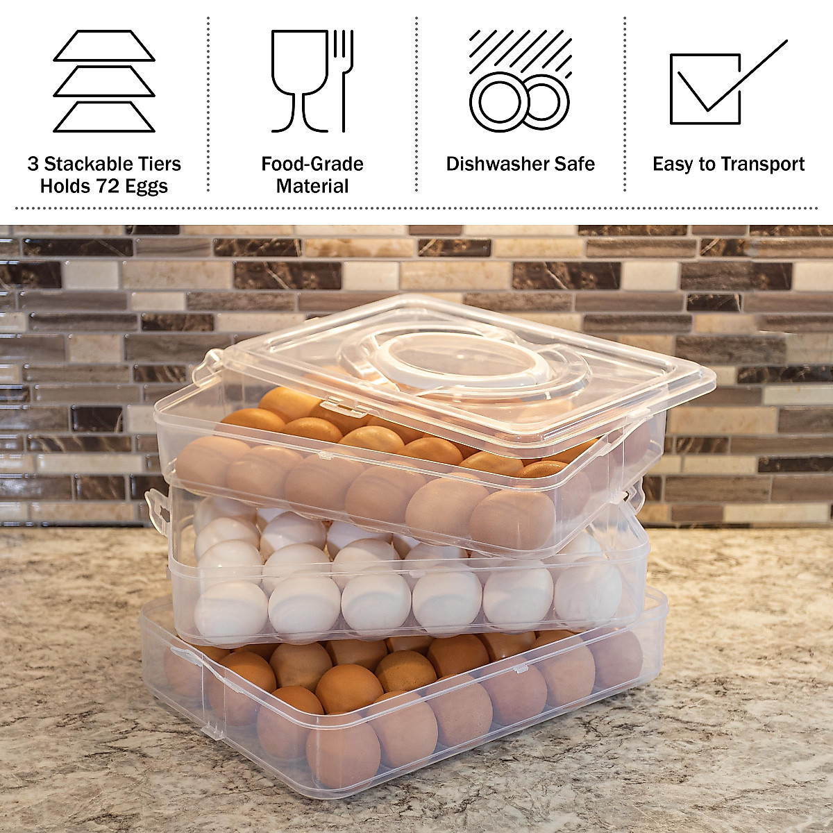 Classic Cuisine Egg Container for Refrigerator - Large-Capacity Egg Holder with Lid and Handle - Carrier for 72 Fresh, Store Bought or Deviled Eggs