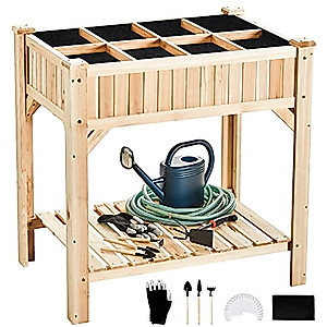AMERLIFE Raised Garden Bed with Legs 36.3x36.3x24 Inch Herb Planter with Divider Liner Flower Herb Wood Planter with Storage Shelves for Backyard Patio Extra Gloves 3 Tools 8 Grow Area 20 T-Tag