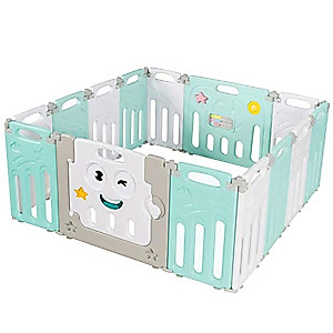 HONEY JOY Baby Play Yards, 14 Panel Foldable Baby Playpen, Anti-Slip Base & Lockable Safety Gate, Indoor Large Baby Fence Play Area for Babies and Toddlers (Green, 14 Panel)